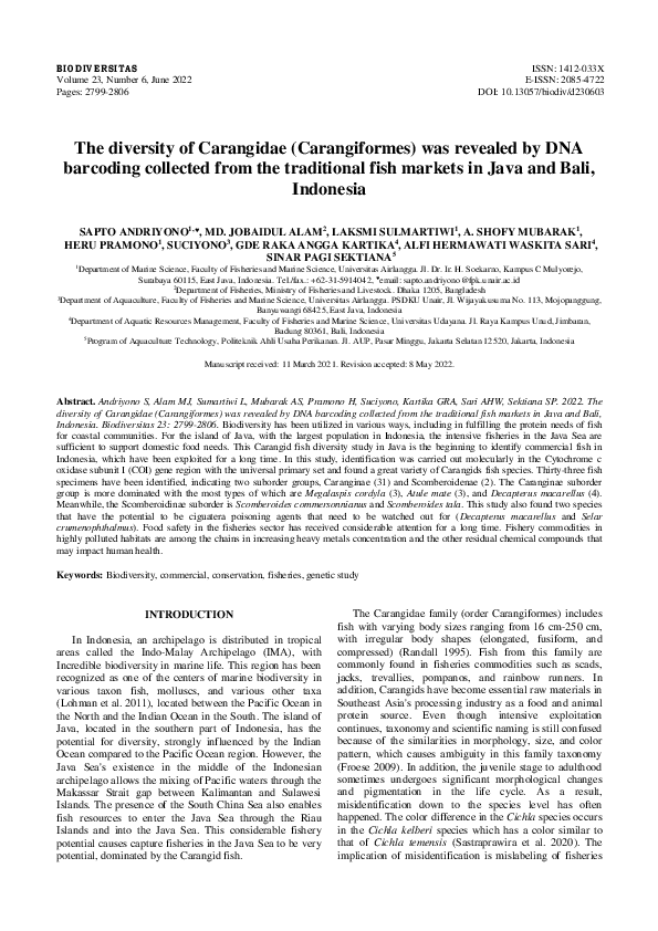 (PDF) The diversity of Carangidae (Carangiformes) was revealed by DNA ...