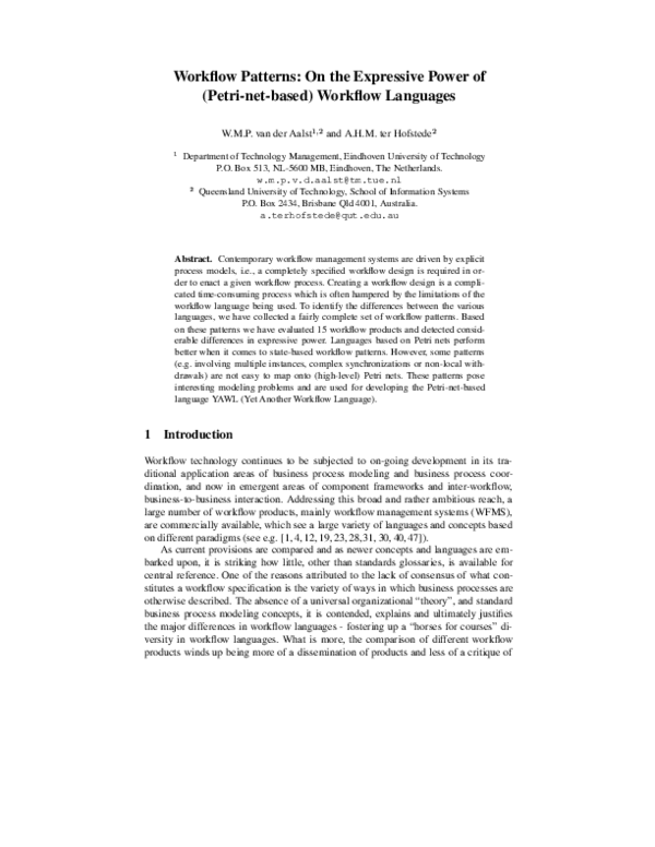 (PDF) Workflow patterns: On the expressive power of (petri-net-based) workflow languages
