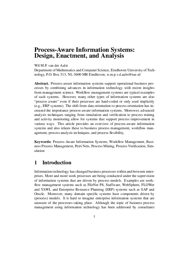 (PDF) Process-Aware Information Systems: Design, Enactment, and Analysis