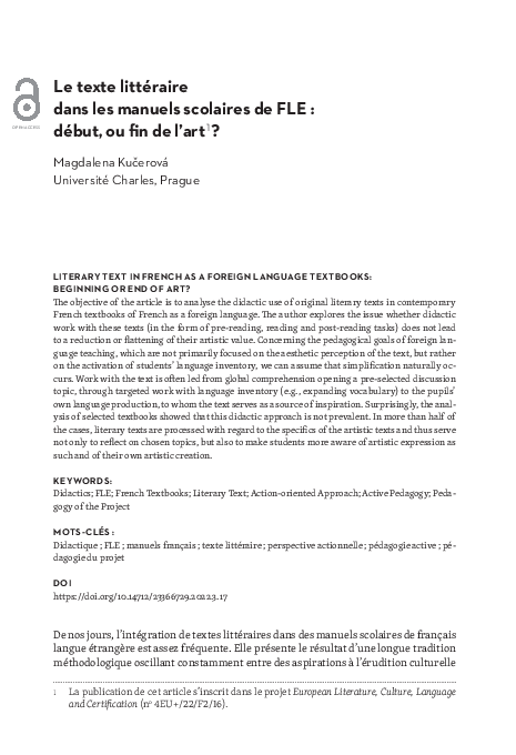 (PDF) Le texte littéraire dans les manuels scolaires de FLE : début, ou ...