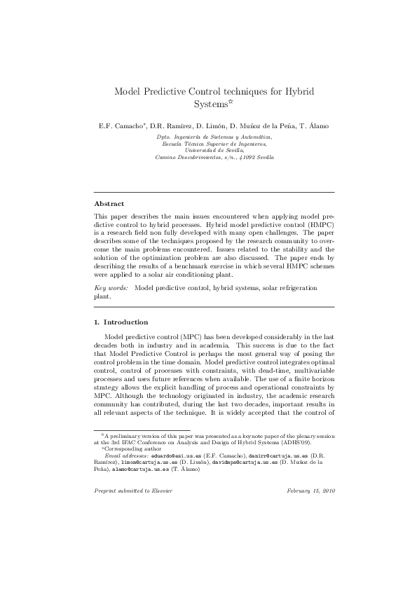 Pdf Model Predictive Control Techniques For Hybrid Systems