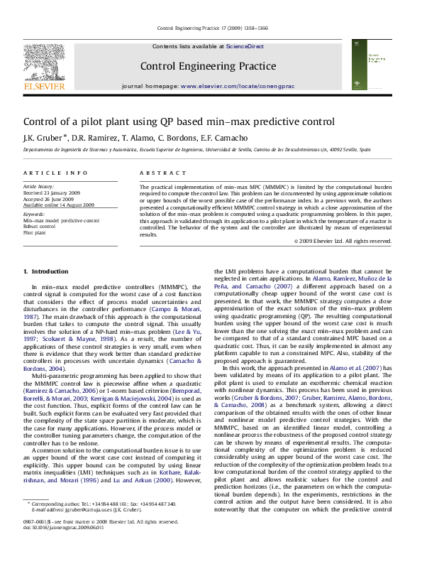 (PDF) Control of a pilot plant using QP based min–max predictive control | Daniel Ramirez ...