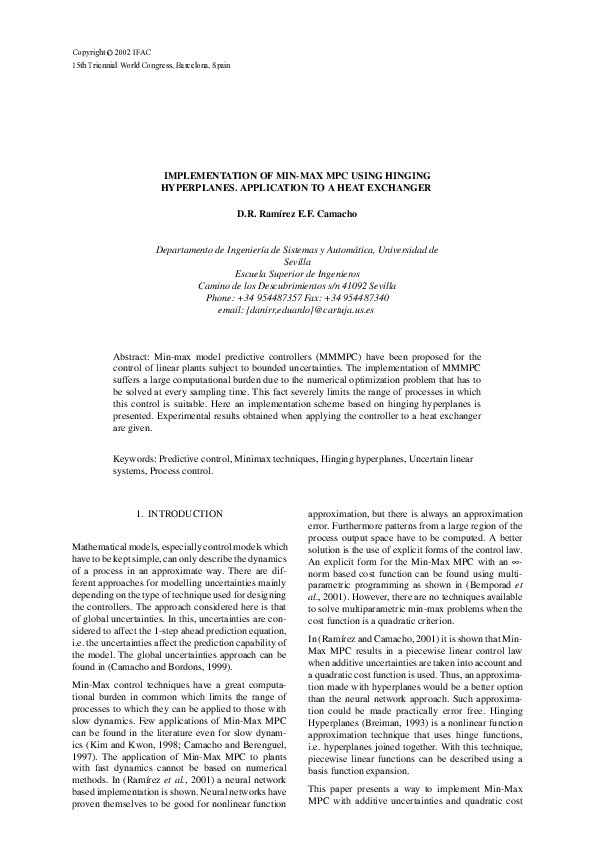 (PDF) Implementation of min–max MPC using hinging hyperplanes. Application to a heat exchanger