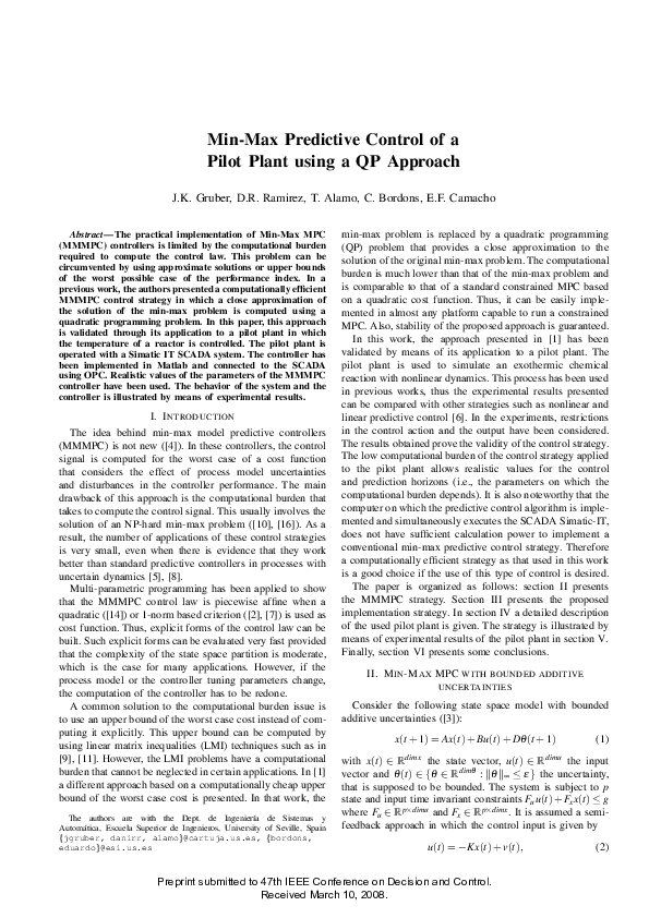(PDF) Min-max predictive control of a pilot plant using a QP approach