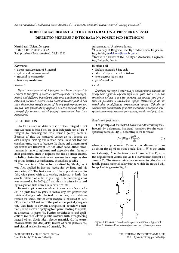 (PDF) Direct Measurment of the J Integral on a Pressure Vessel Direktno ...