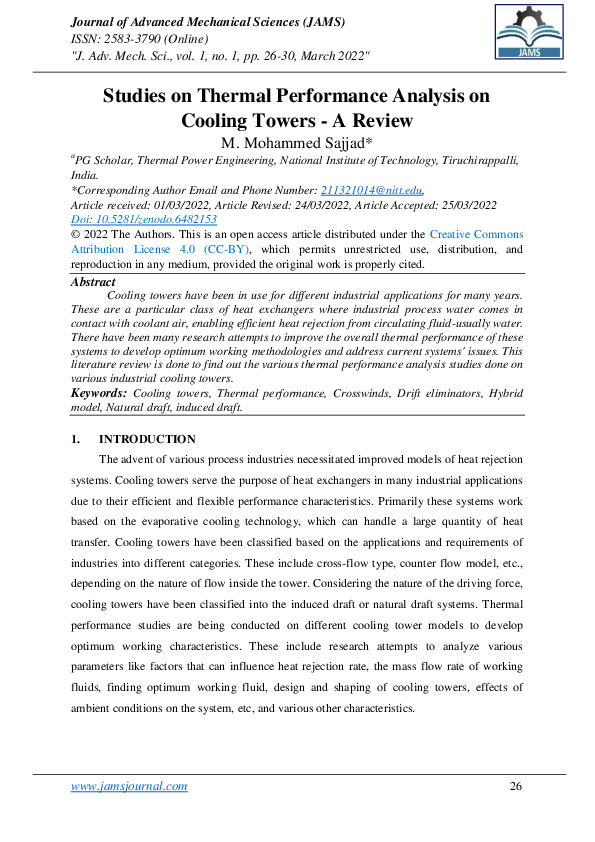 (PDF) Studies on Thermal Performance Analysis on Cooling Towers -A Review