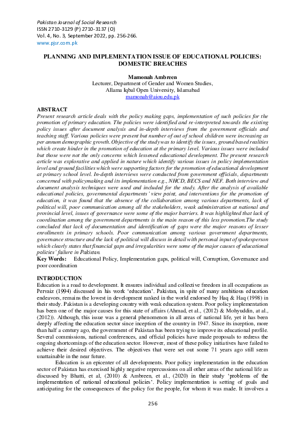 (PDF) PLANNING AND IMPLEMENTATION ISSUE OF EDUCATIONAL POLICIES: DOMESTIC BREACHES