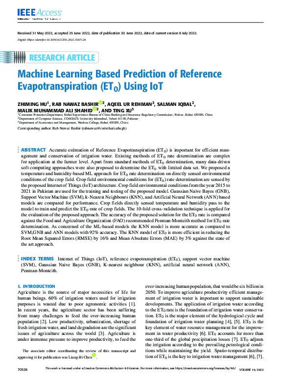 (PDF) Machine Learning Based Prediction of Reference Evapotranspiration (ET0) Using IoT