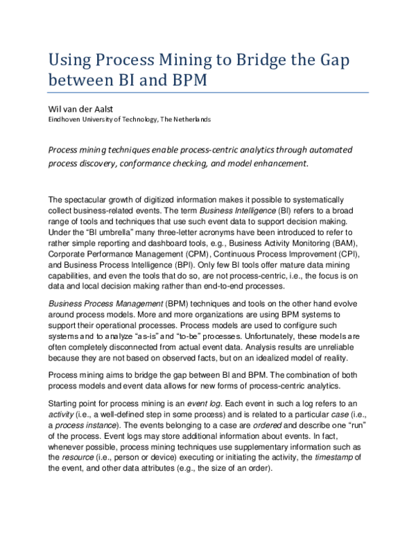 (PDF) Using Process Mining to Bridge the Gap between BI and BPM