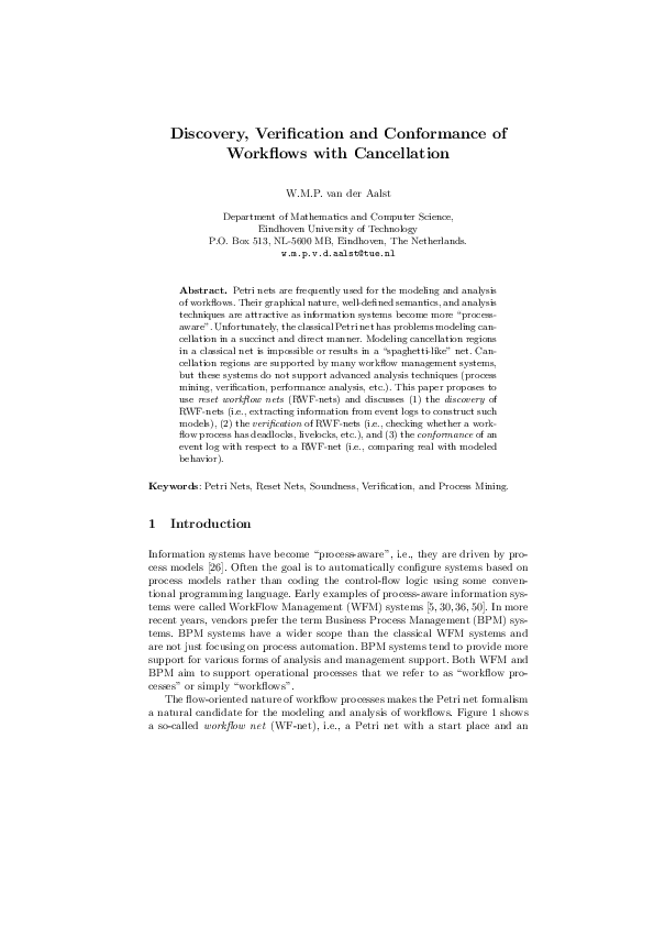 (PDF) Discovery, verification and conformance of workflows with cancellation