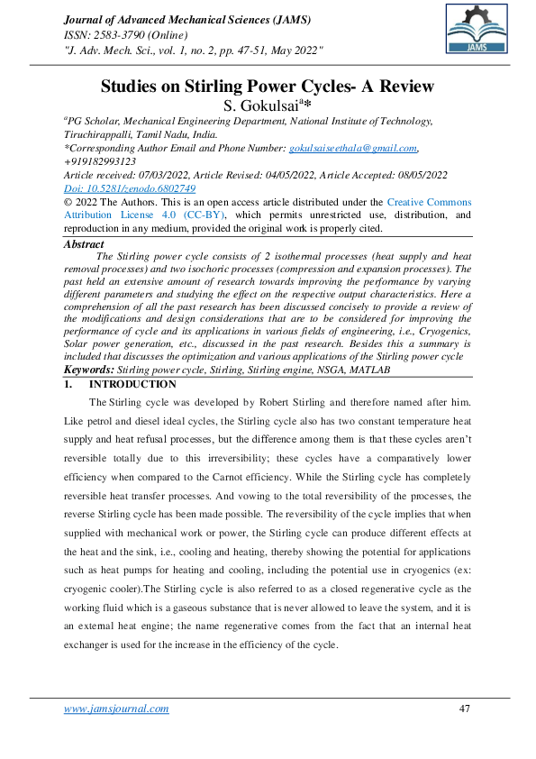 (PDF) Studies on Stirling Power Cycles-A Review
