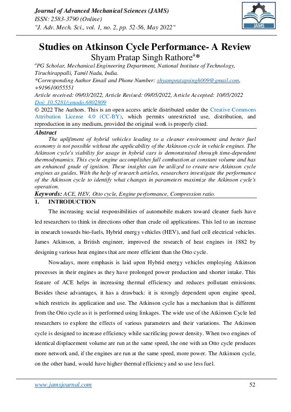 (PDF) Studies on Atkinson Cycle Performance-A Review