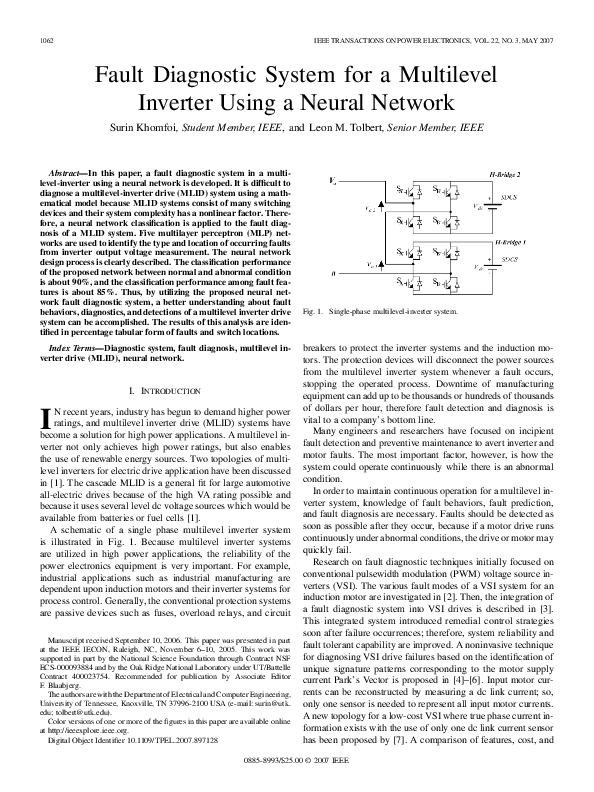 Pdf Fault Diagnostic System For A Multilevel Inverter Using A Neural