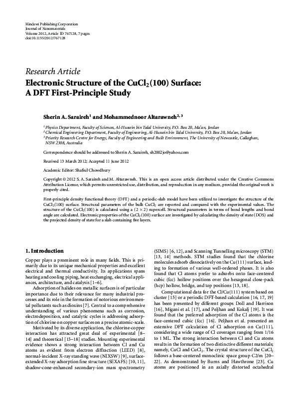 (PDF) Electronic Structure of the CuCl2(100) Surface: A DFT First ...