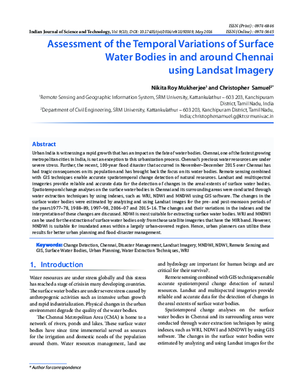 Pdf Assessment Of The Temporal Variations Of Surface Water Bodies In And Around Chennai Using