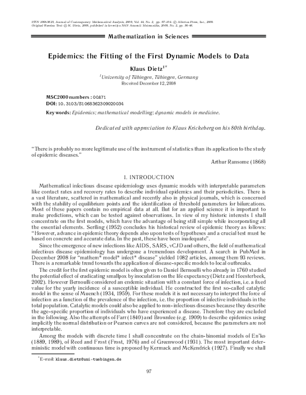 (PDF) Epidemics: the fitting of the first dynamic models to data