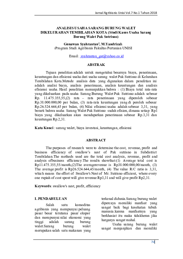 (PDF) ANALISIS USAHA SARANG BURUNG WALET DIKELURAHAN TEMBILAHAN KOTA ...
