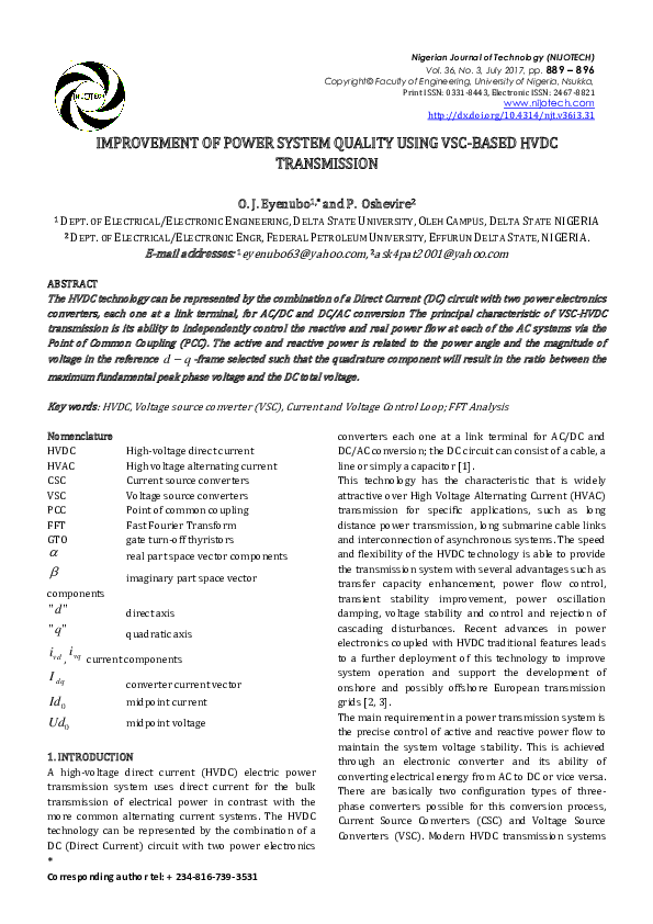 (PDF) Improvement of Power System Quality Using VSC-Based HVDC Transmission