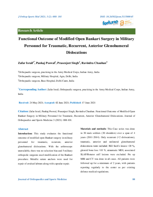 (PDF) Functional Outcome of Modified Open Bankart Surgery in Military ...