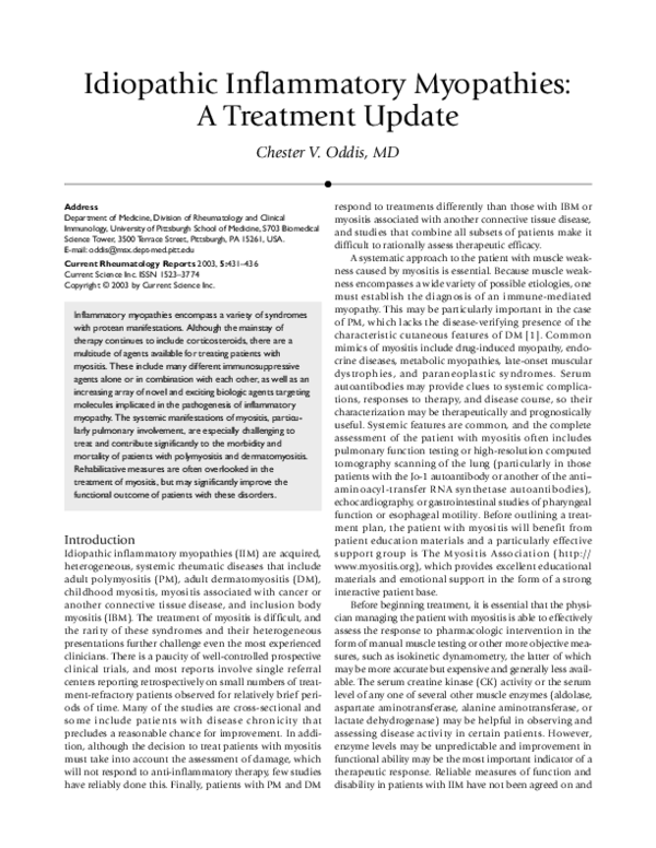 (PDF) Idiopathic inflammatory myopathies: A treatment update | Chester Oddis - Academia.edu