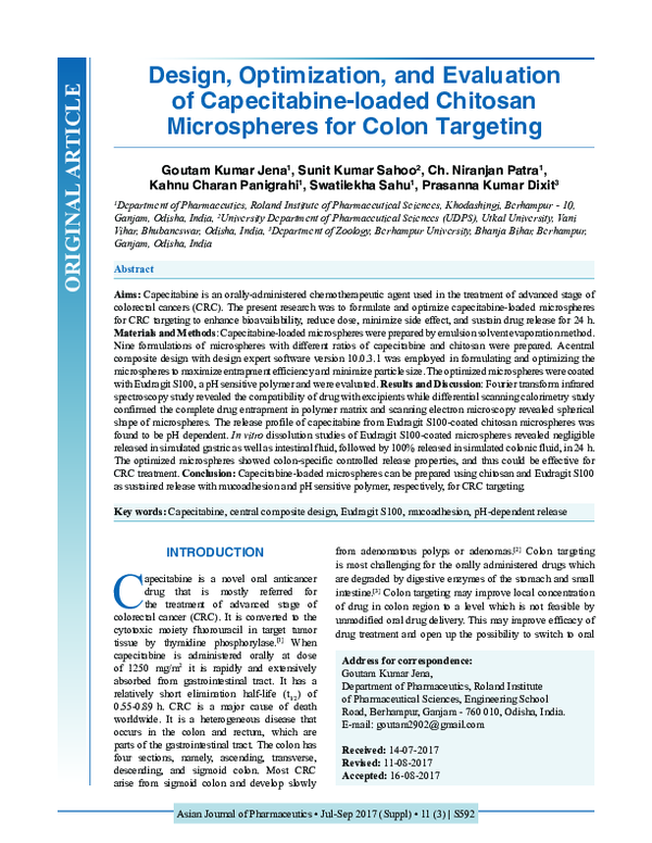 Pdf Design Optimization And Evaluation Of Capecitabine Loaded Chitosan Microspheres For