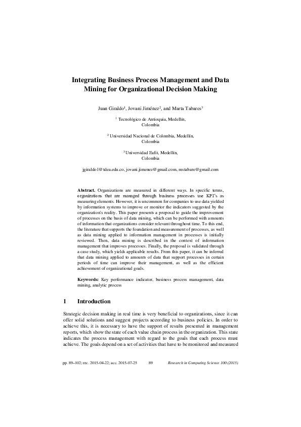 Pdf Integrating Business Process Management And Data Mining For Organizational Decision Making