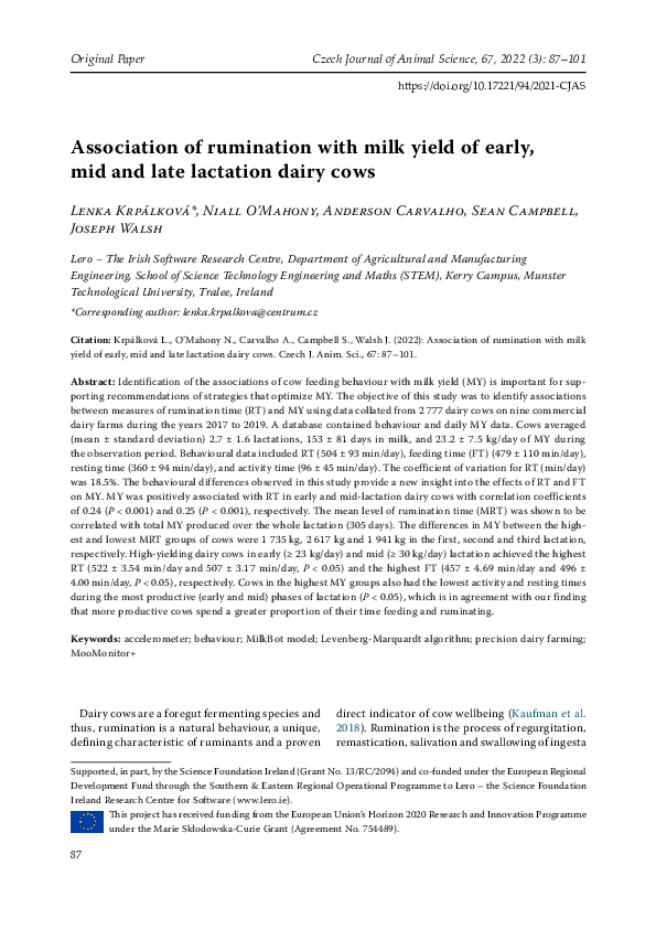 (PDF) Association of rumination with milk yield of early, mid and late lactation dairy cows