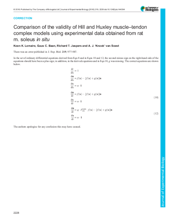 (PDF) Comparison of the validity of Hill and Huxley muscle–tendon ...