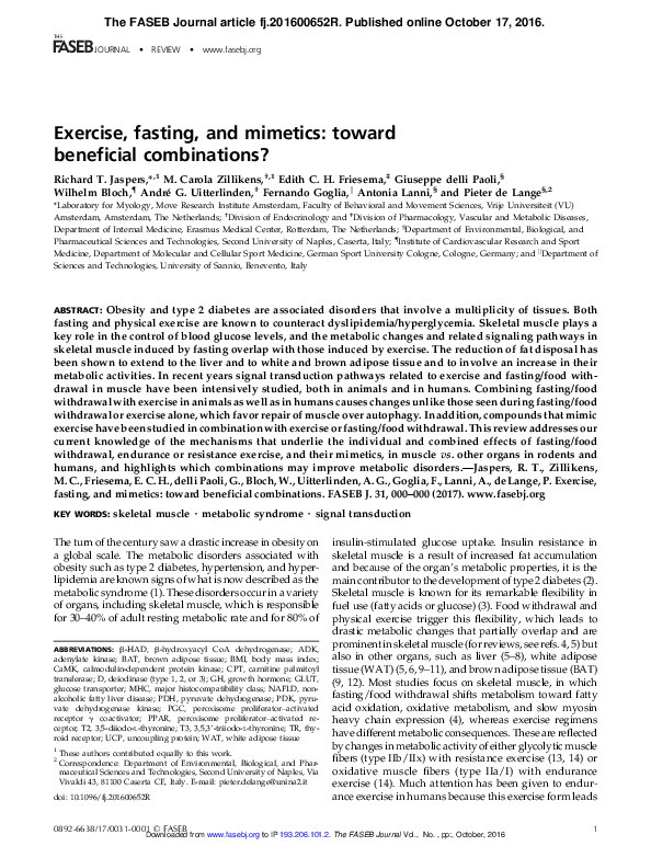 (PDF) Exercise, fasting, and mimetics: toward beneficial combinations?