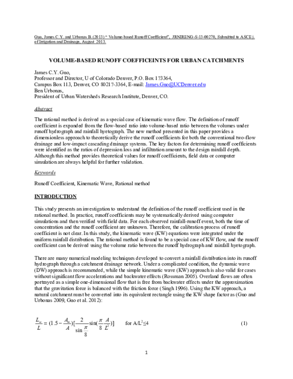 (PDF) Volume-Based Runoff Coefficients for Urban Catchments
