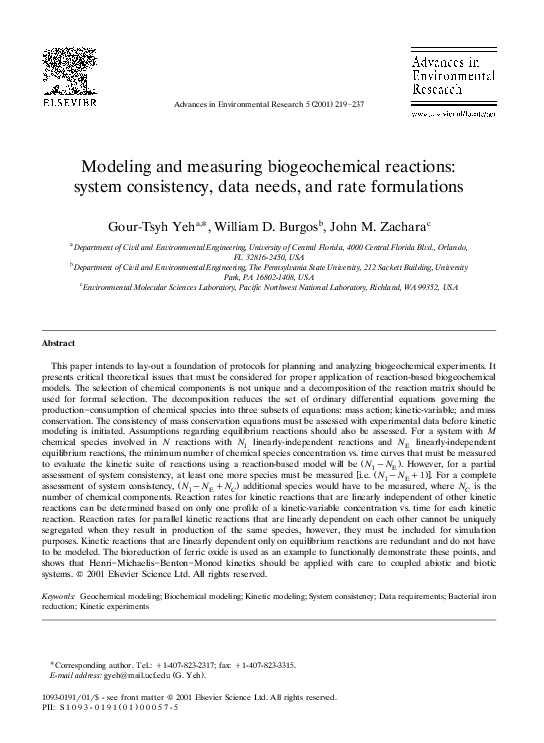 (PDF) Modeling and measuring biogeochemical reactions: system ...