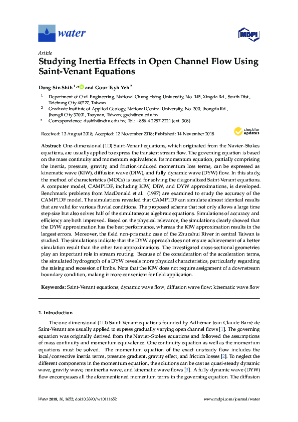 (PDF) Studying Inertia Effects in Open Channel Flow Using Saint-Venant ...