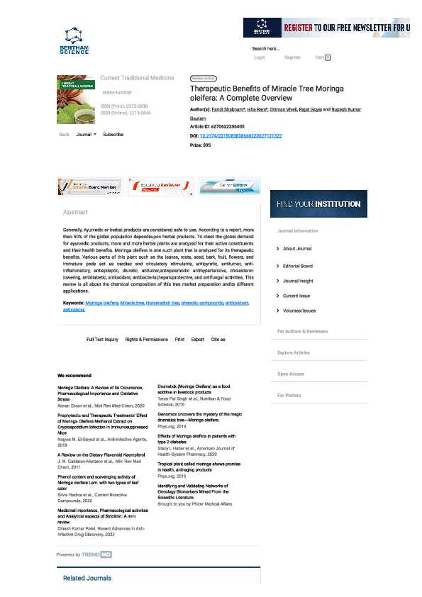 (PDF) Therapeutic Benefits of Miracle Tree Moringa oleifera: A Complete Overview