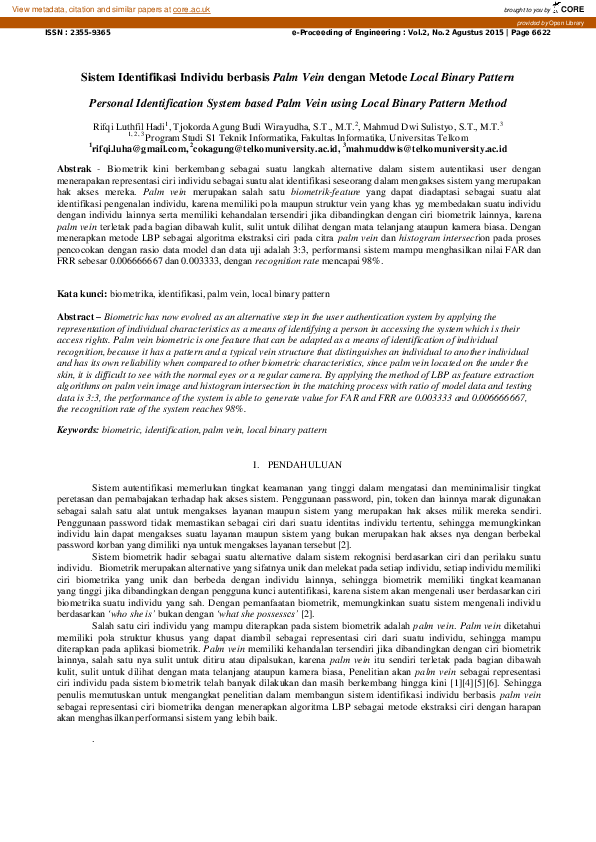 Pdf Sistem Identifikasi Individu Berbasis Palm Vein Dengan Metode Local Binary Pattern