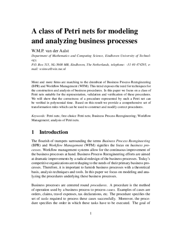 (PDF) A class of Petri nets for modeling and analyzing business processes
