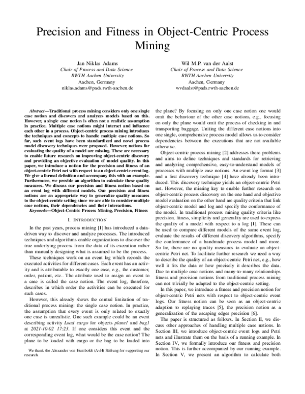 Pdf Precision And Fitness In Object Centric Process Mining
