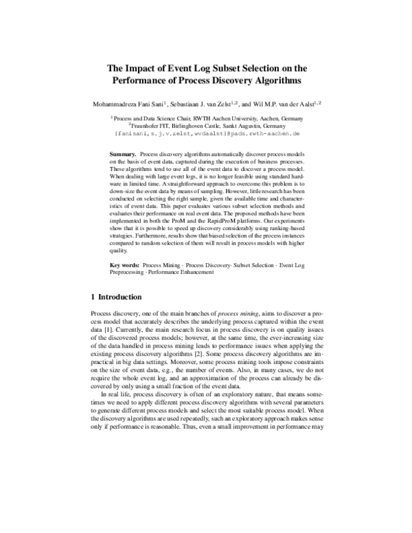 Pdf The Impact Of Event Log Subset Selection On The Performance Of Process Discovery Algorithms 7736