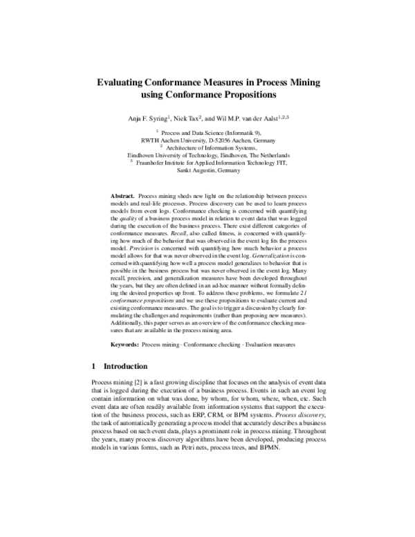 (PDF) Evaluating Conformance Measures in Process Mining using Conformance Propositions