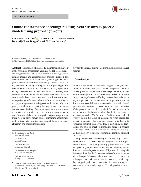 (PDF) Online conformance checking: relating event streams to process models using prefix-alignments