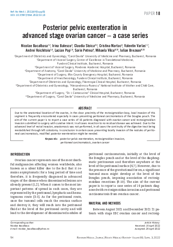 (PDF) Posterior pelvic exenteration in advanced stage ovarian cancer – a case series