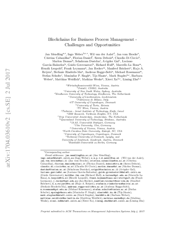 (PDF) Blockchains for Business Process Management -Challenges and Opportunities