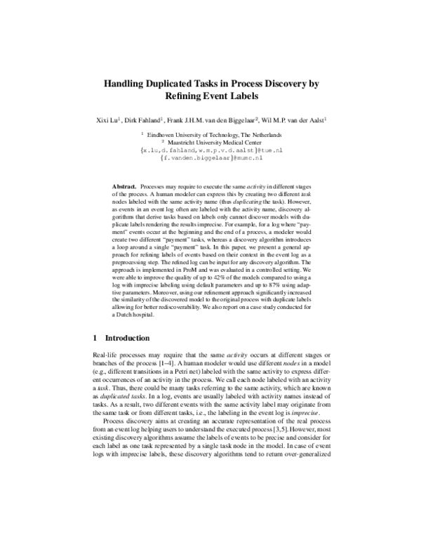 (PDF) Handling Duplicated Tasks in Process Discovery by Refining Event Labels