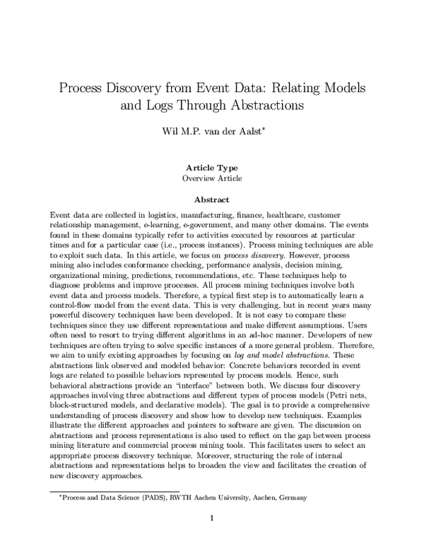 (PDF) Process Discovery from Event Data: Relating Models and Logs Through Abstractions