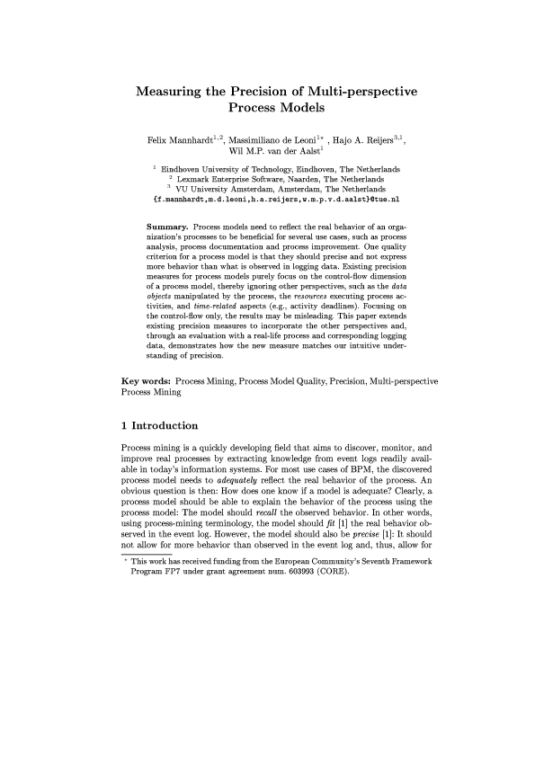 (PDF) Measuring the Precision of Multi-perspective Process Models