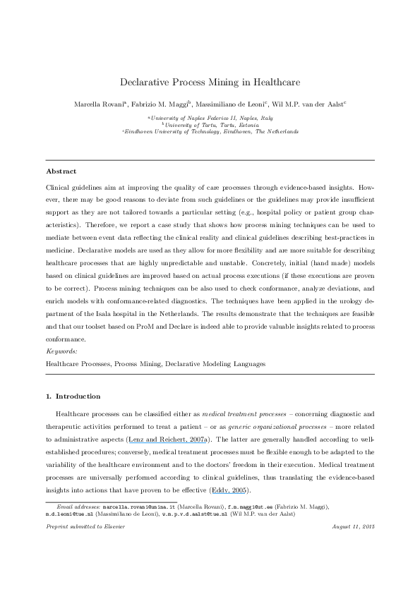 Pdf Declarative Process Mining In Healthcare 