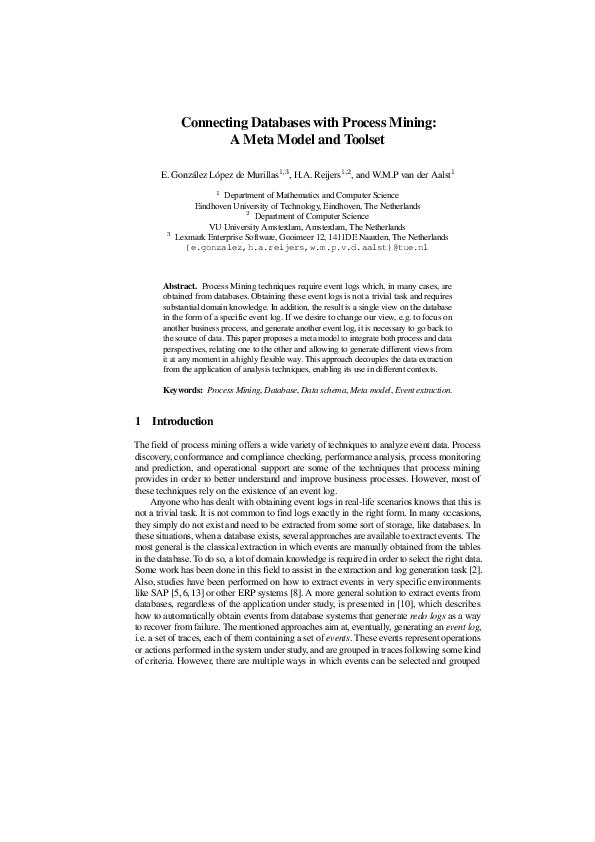 (PDF) Connecting Databases with Process Mining: A Meta Model and Toolset | Wil van der Aalst ...