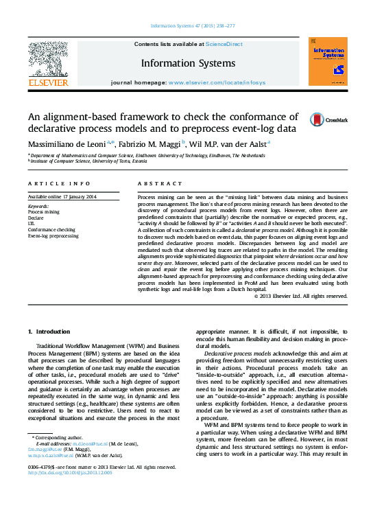 Pdf An Alignment Based Framework To Check The Conformance Of Declarative Process Models And To