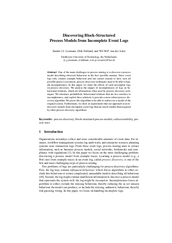 Pdf Discovering Block Structured Process Models From Incomplete Event Logs