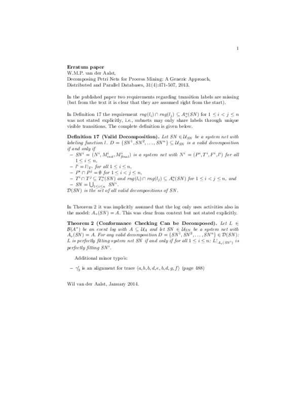(PDF) Erratum paper W.M.P. van der Aalst, Decomposing Petri Nets for Process Mining: A Generic ...