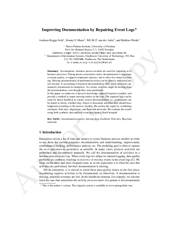 (PDF) A u t h o r ' s C o p y Improving Documentation by Repairing Event Logs